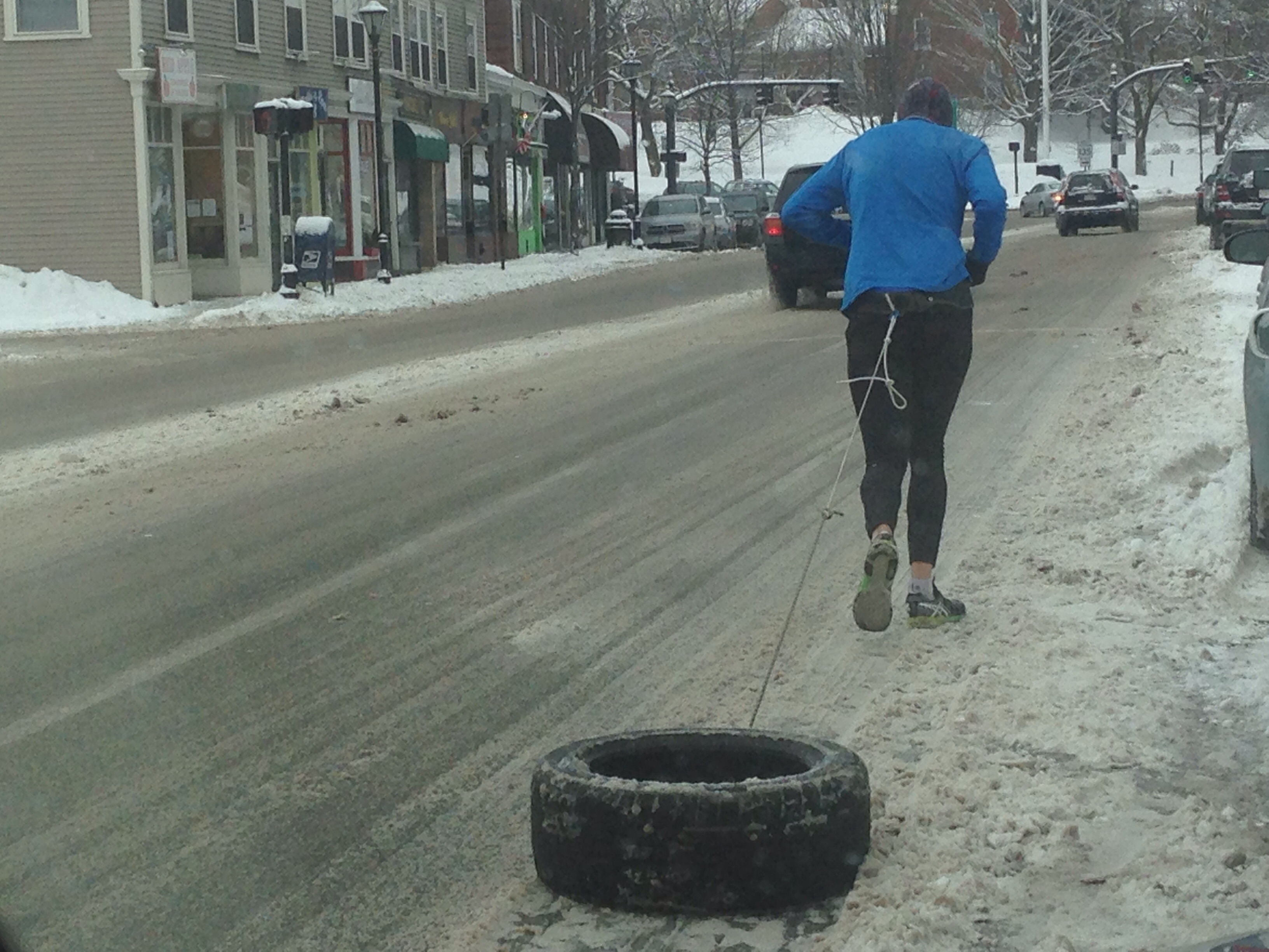It's not every day you can run through Wellesley Square dragging a tire ...